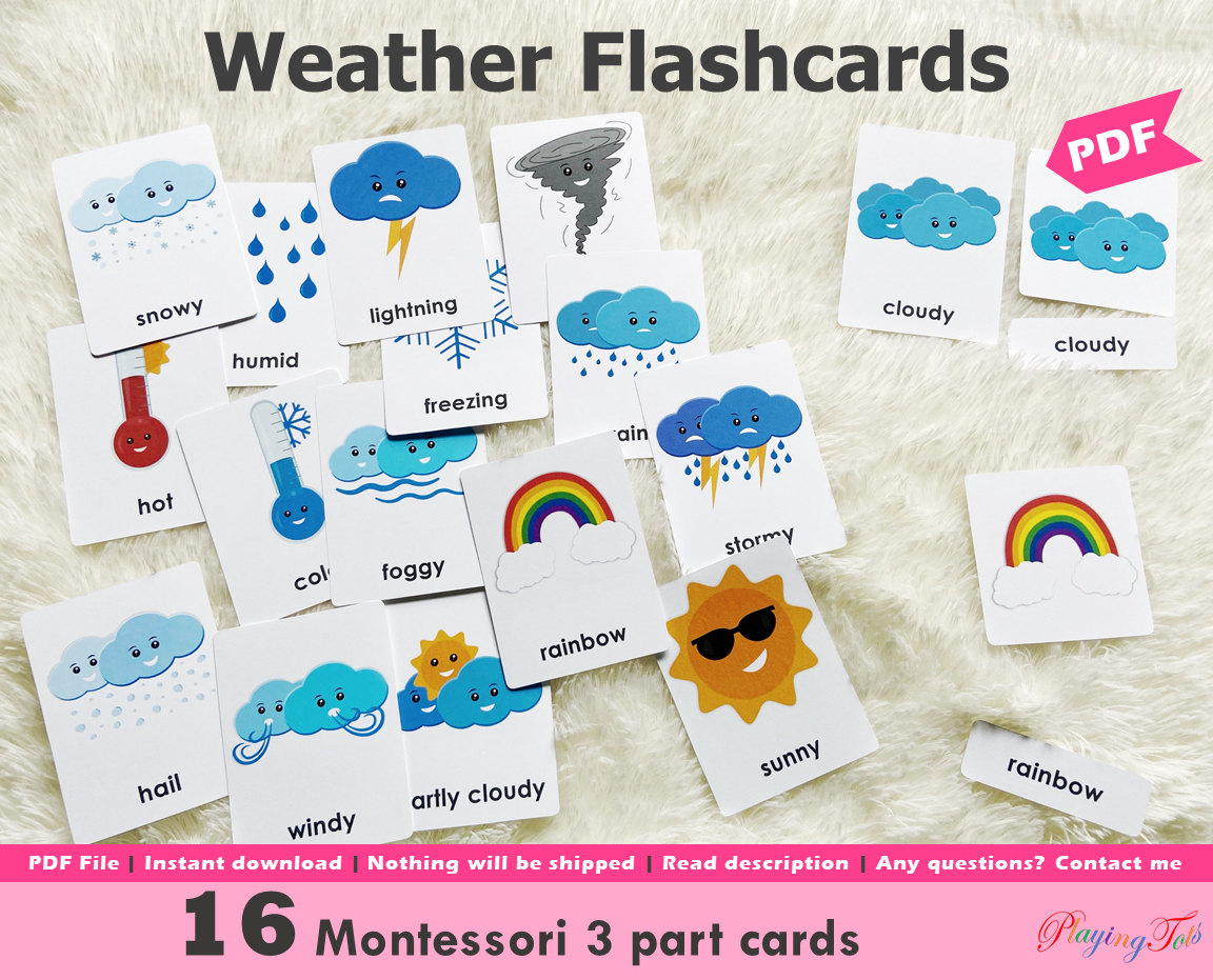 Weather Flashcards, Montessori 3 Part Cards, Montessori Flash cards ...